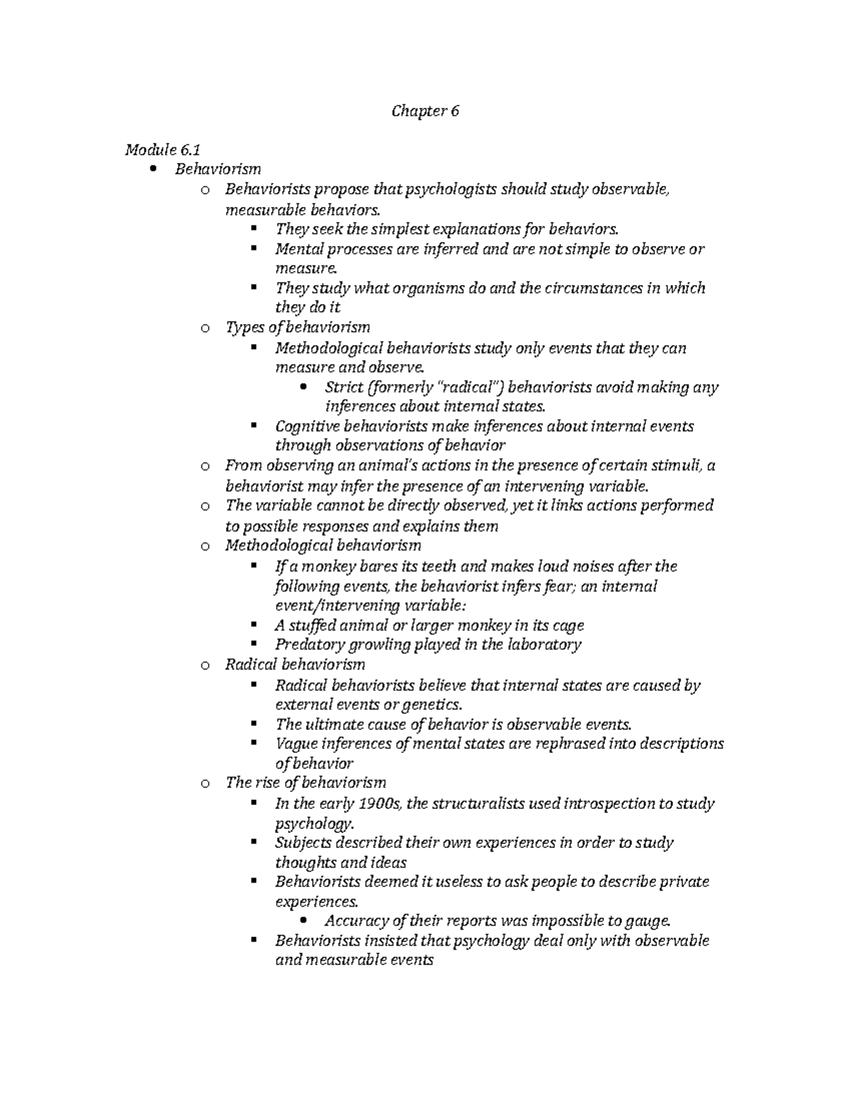 General Psychology Chapter 6 notes - Chapter 6 Module 6. Behaviorism o ...