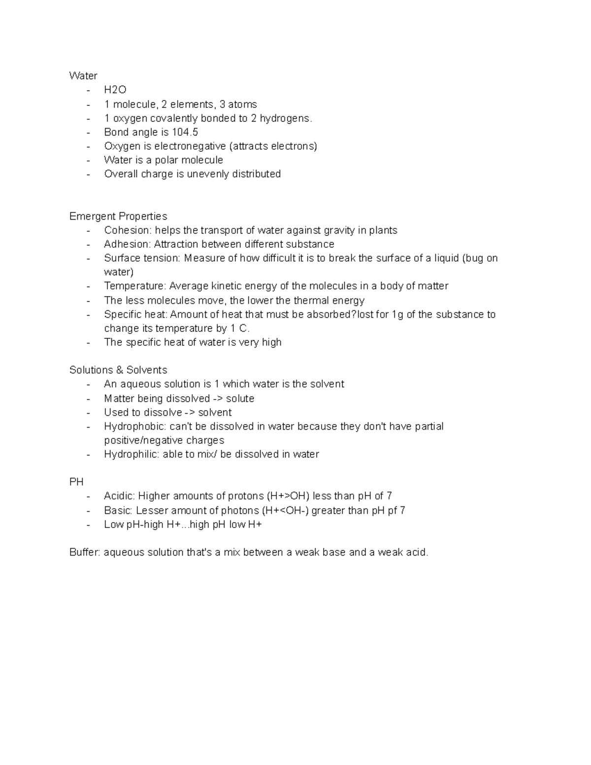 Ch3bio - chapter 3 notes - Water - H2O - 1 molecule, 2 elements, 3 ...