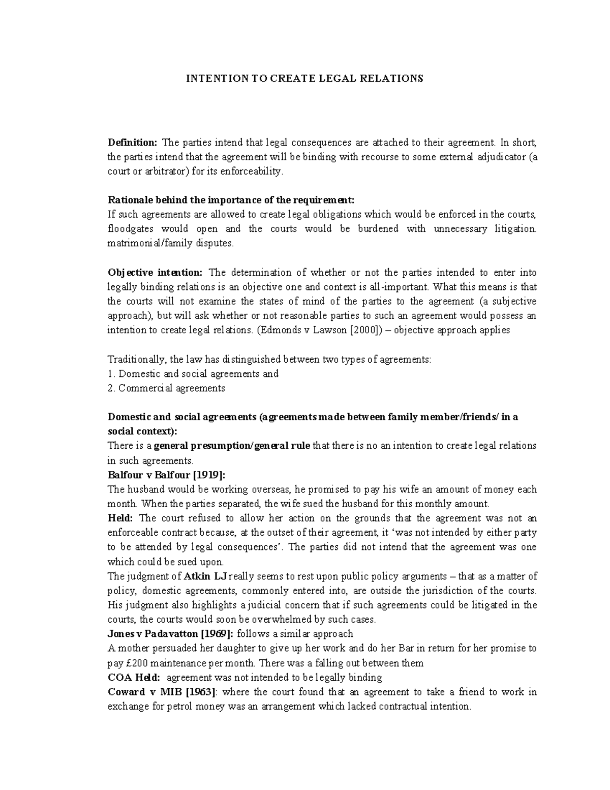 Intention Note - INTENTION TO CREATE LEGAL RELATIONS Definition: The ...