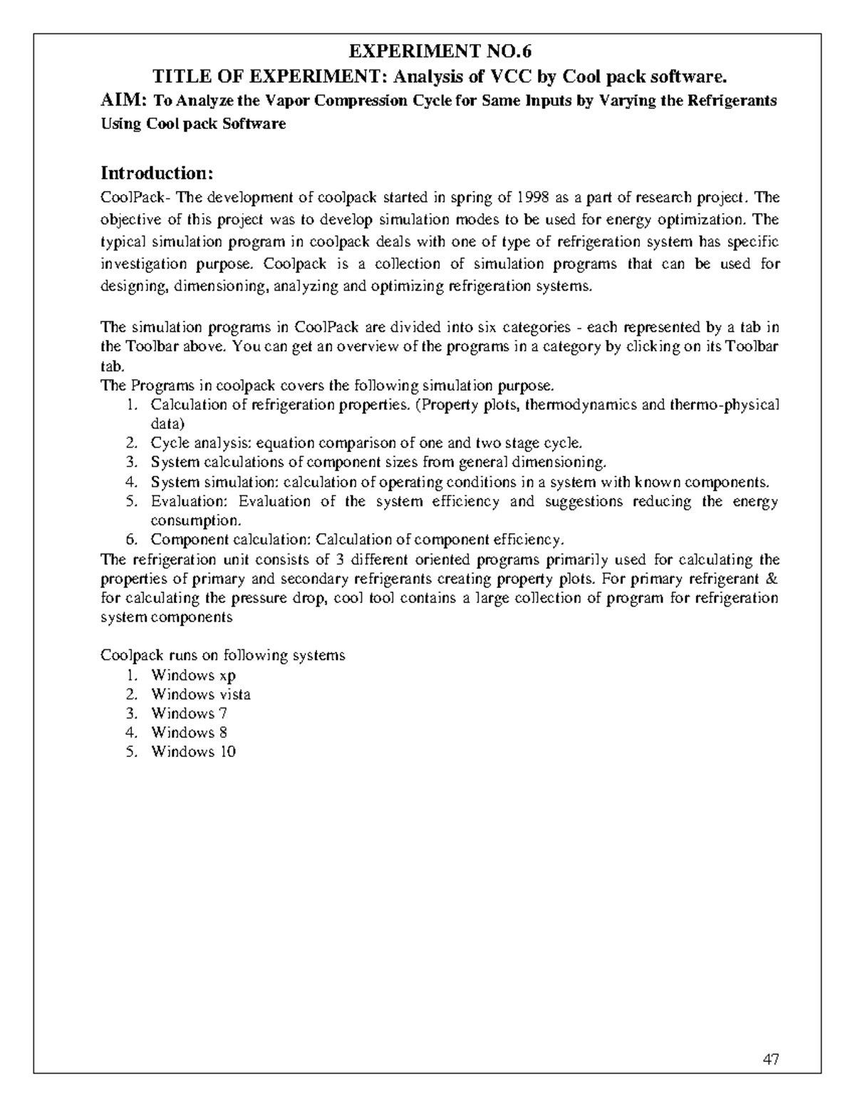 6th H - Analysis of VCC by Cool pack software. - EXPERIMENT NO. 6 TITLE ...