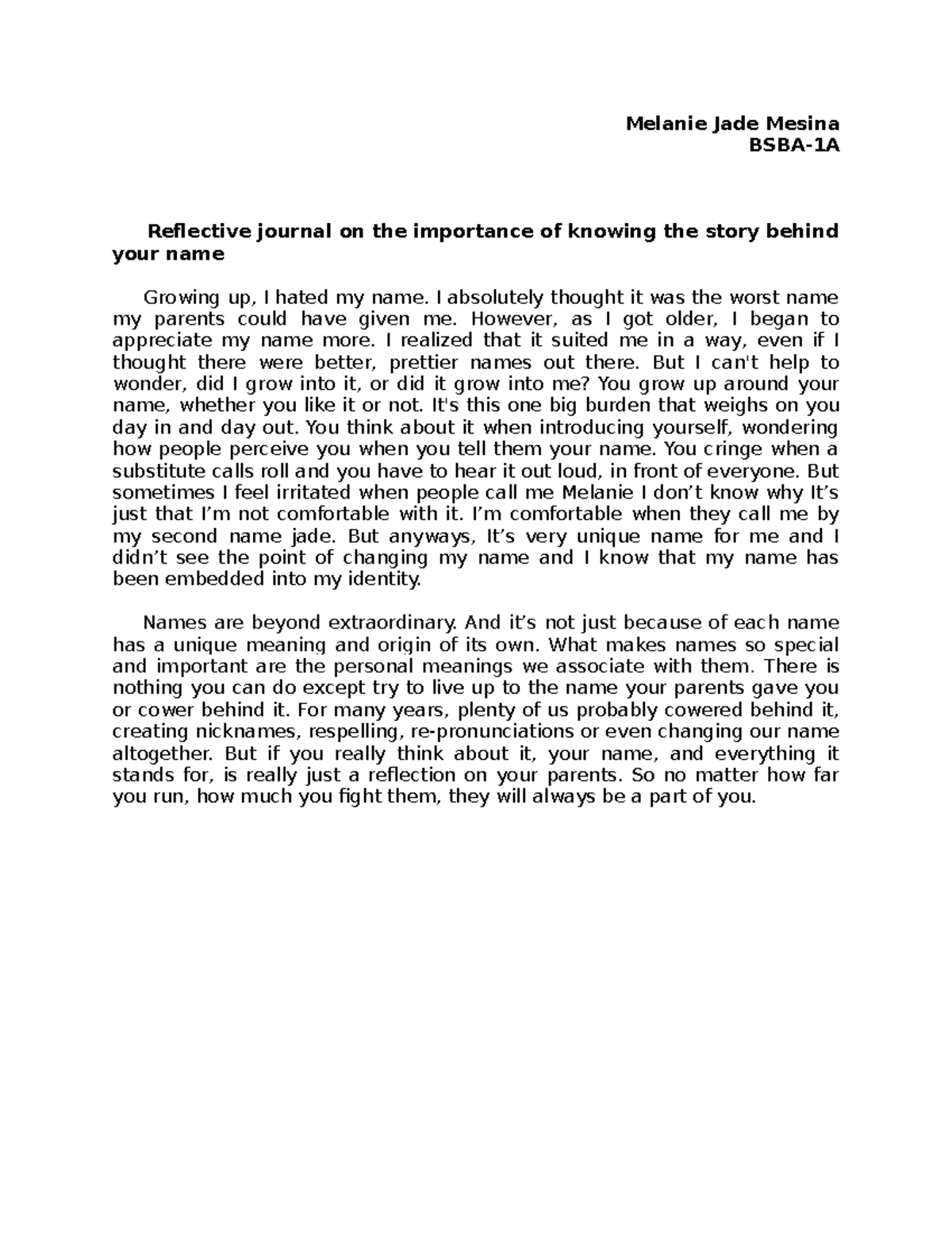 Reflective journal on the importance of knowing the story behind your ...