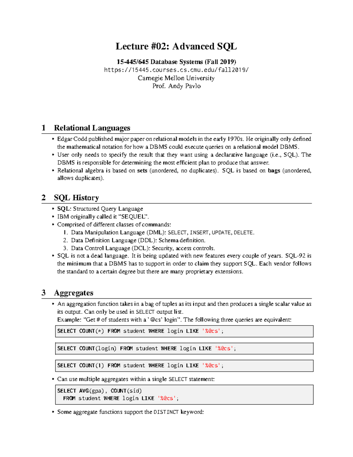 02-advancedsql 2 - Summary Computer Graphics - Lecture #02: Advanced ...