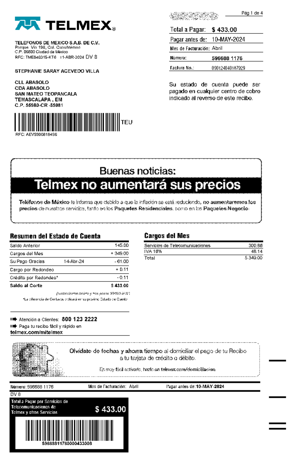 Recibo-Abr - Pág 1 de 4 N TELMEX R Total a Pagar: 433 Pagar antes de ...