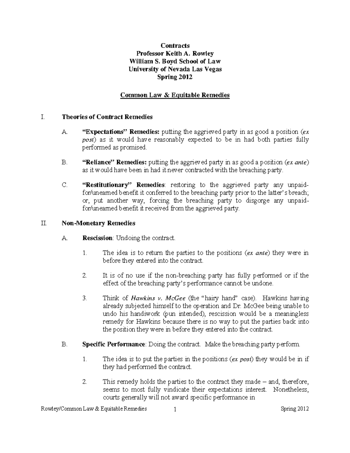 1L Contracts; Basic Guide to Remedies - Contracts Professor Keith A ...