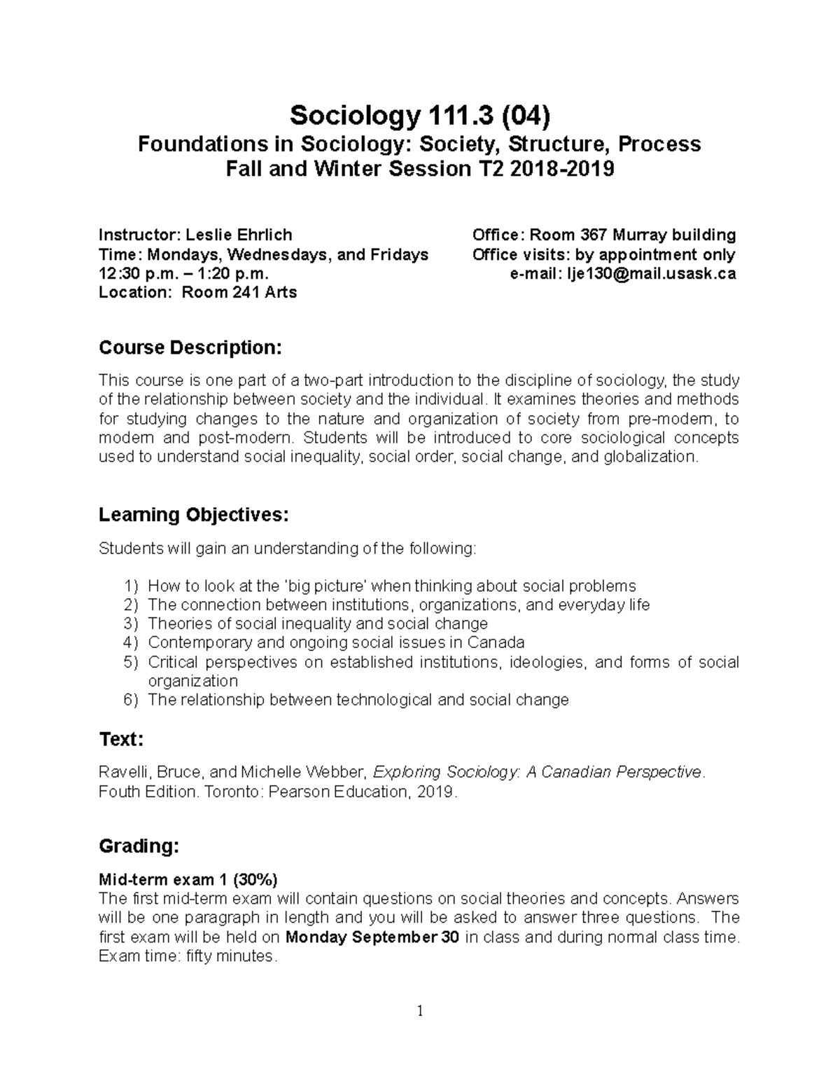 SOC 111 course outline - Sociology 111 (04) Foundations in Sociology ...