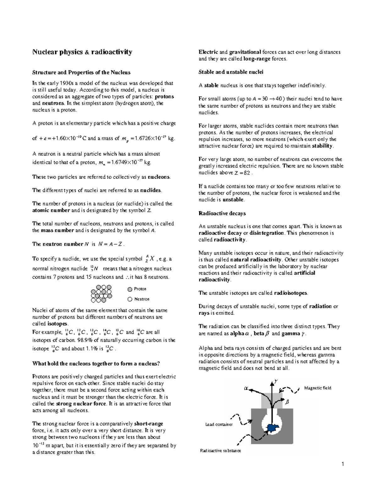 Nuclear Physics Notes - ... - Nuclear physics & radioactivity Structure ...