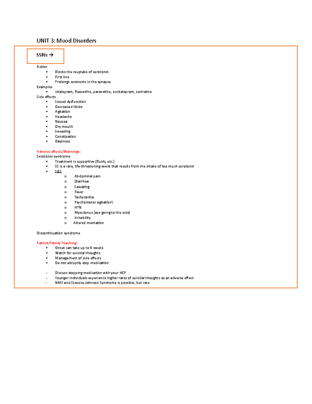 UNIT 3- Mood disorders notes - UNIT 3: Mood Disorders SSRIs Action ...
