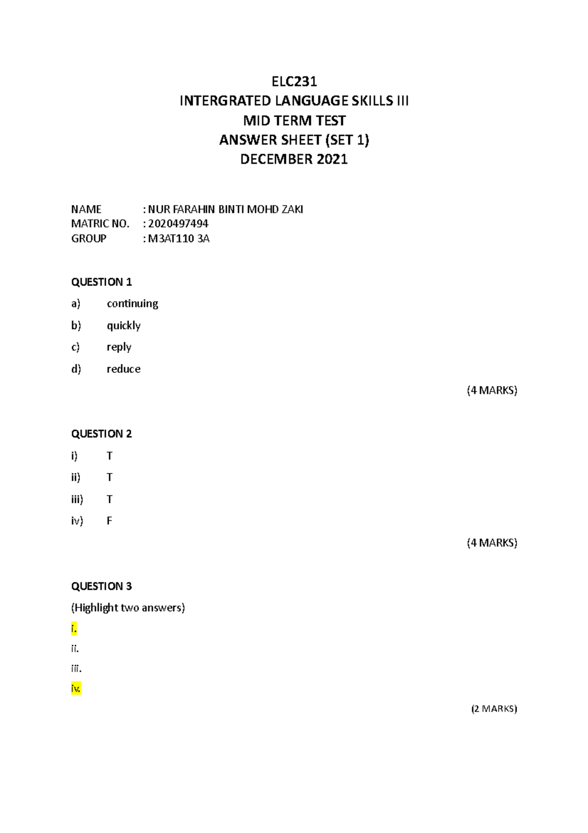 ELC231 SET 2 Answer WEEK 10 Sir AZFAR TEST 2022 YOU CAN PRACTICE THIS ...