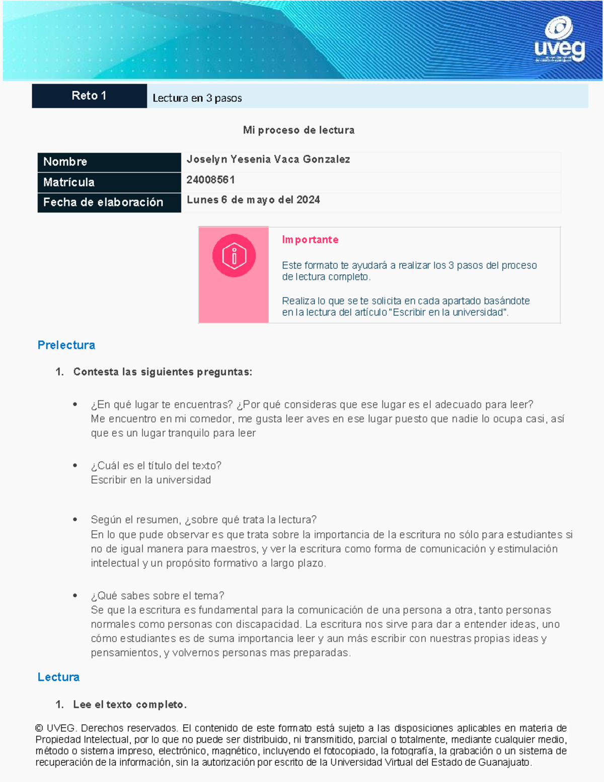 Vaca Joselyn Yesenia R1 U1 - Reto 1 Lectura en 3 pasos Mi proceso de ...