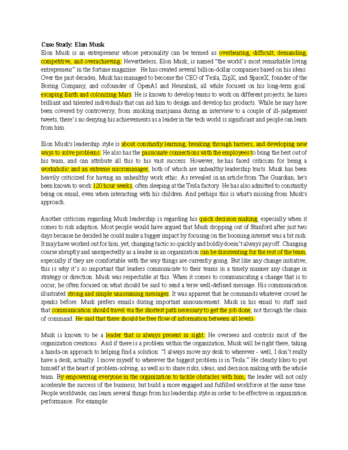 Case Study- Musk - Case Study: Elan Musk Elon Musk is an entrepreneur ...