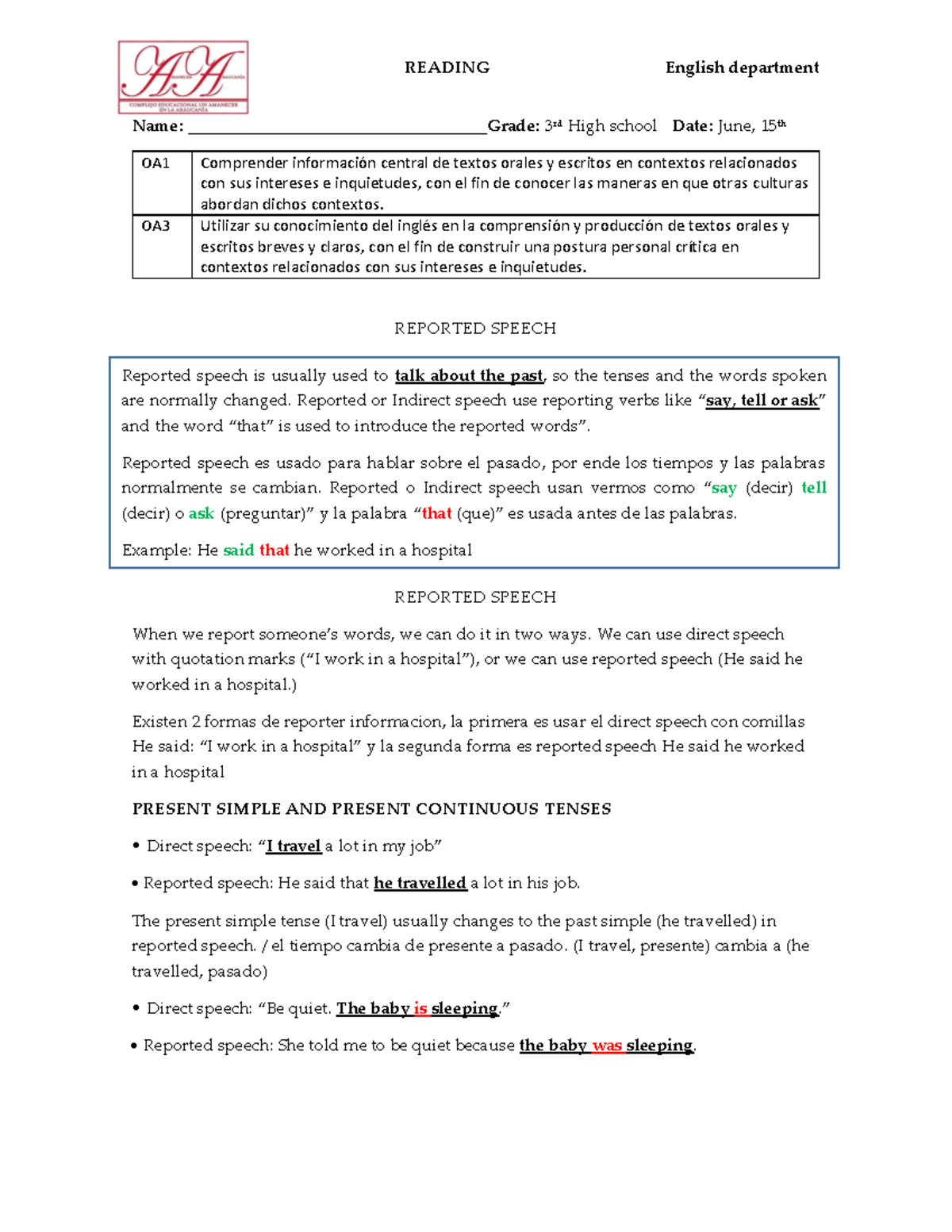 Guia Ingles 3ro Medio Semana 3 - READING English department Name: - Studocu