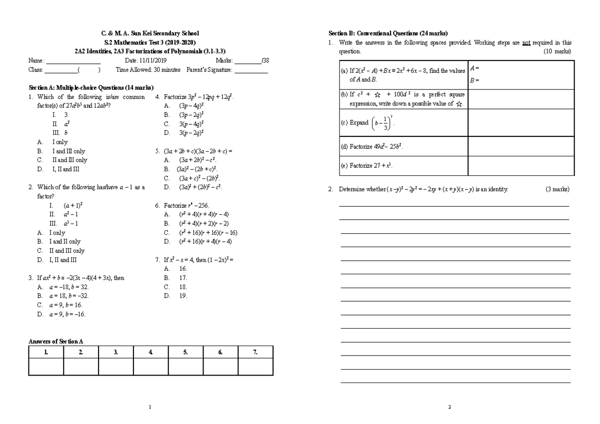 2019-2020 S2 Maths Test 3 (2 files merged) - C. & M. A. Sun Kei ...