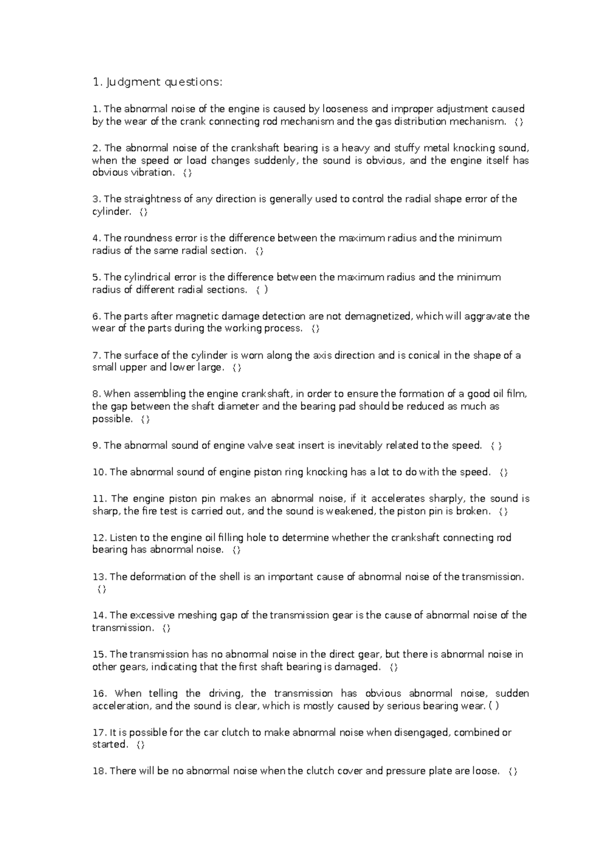 Auto 100 Summary Test 1 Judgment Questions The Abnormal Noise Of