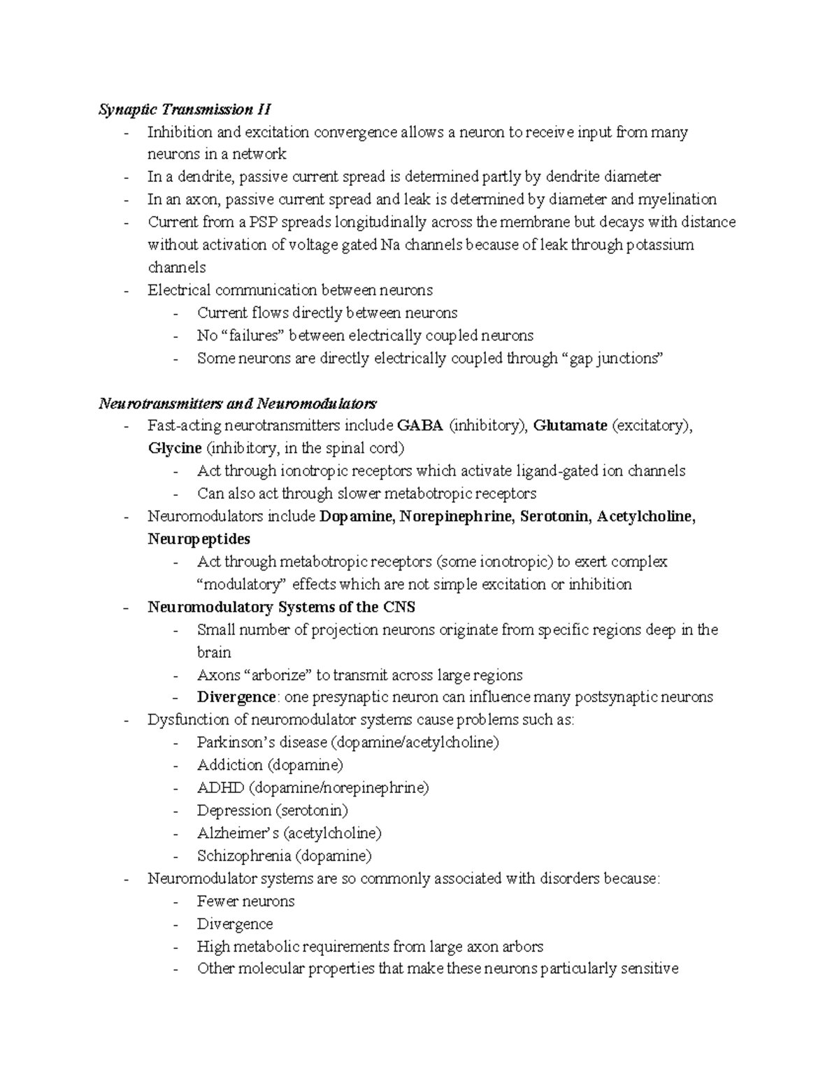 NE 101 Lecture 7 Compiled Notes - Synaptic Transmission II - Inhibition ...