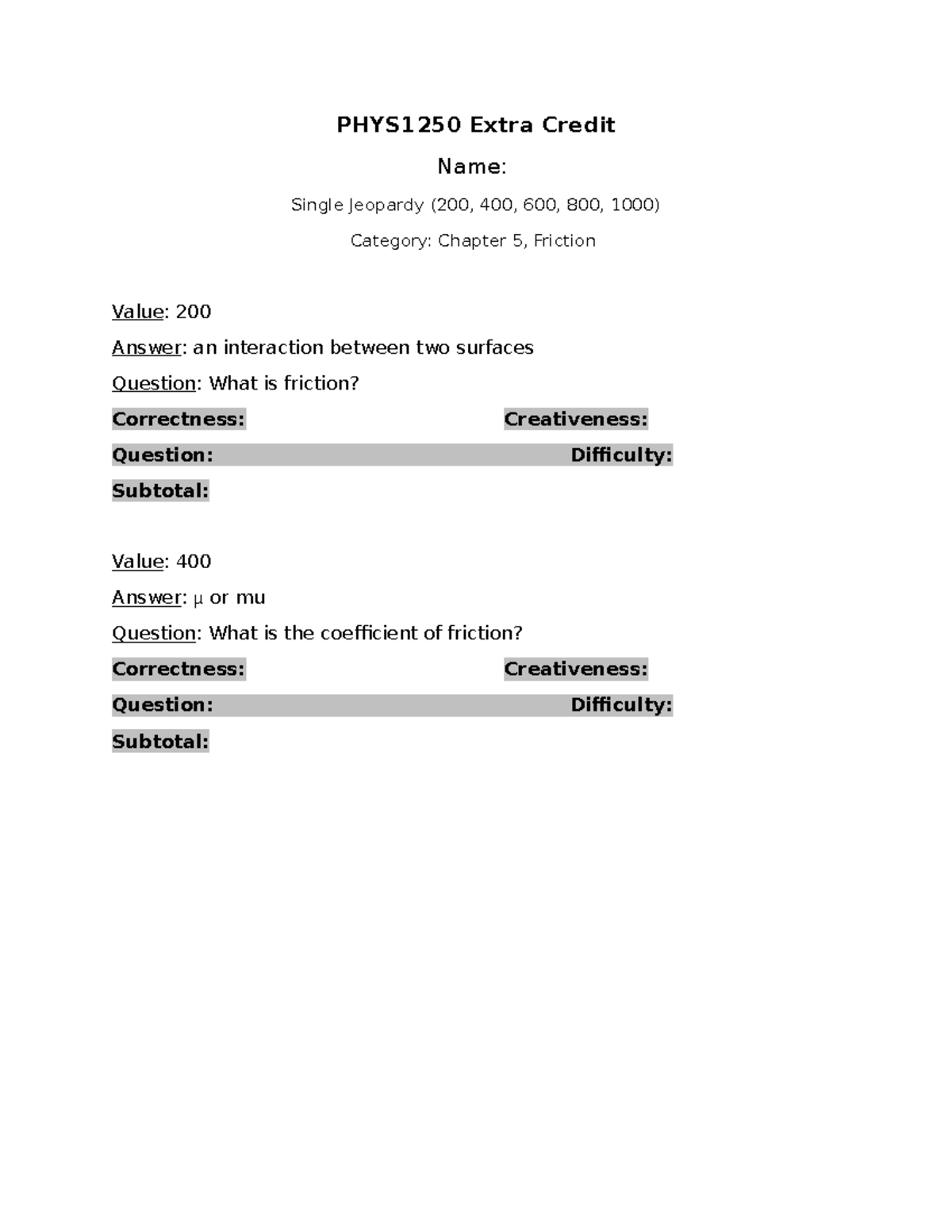 Physics Extra Credit Jeapordy - PHYS1250 Extra Credit Name: Single ...