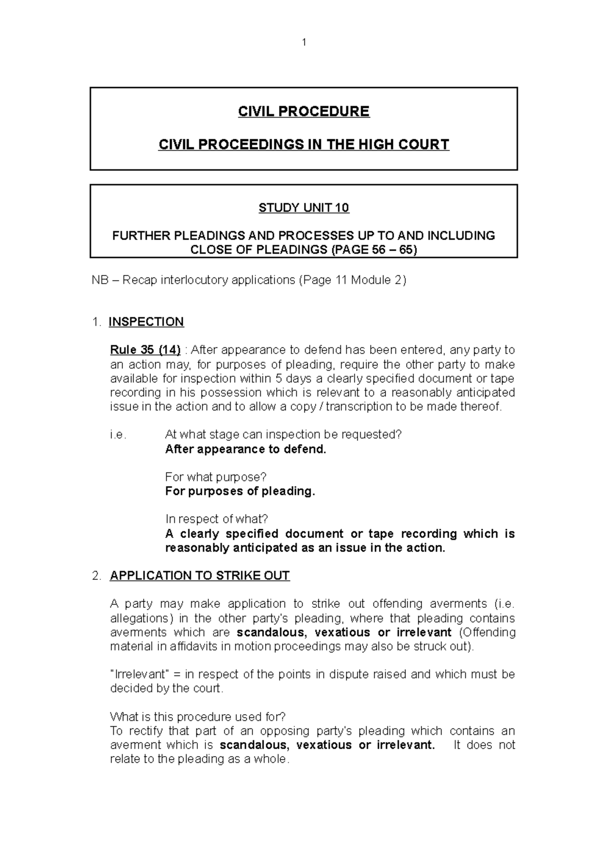 Civil Procedure - Study Unit 10 - Copy - CIVIL PROCEDURE CIVIL ...