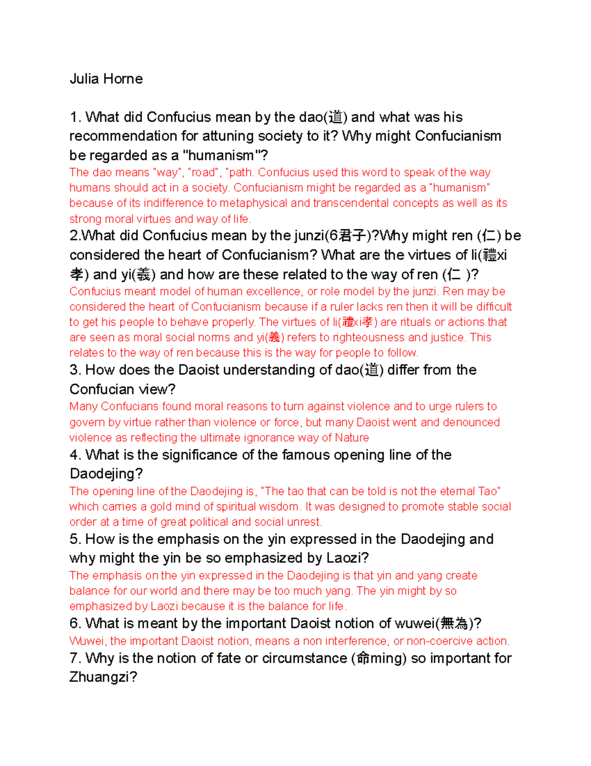 Chinese Philosophy - reading questions and answers - Julia Horne What ...