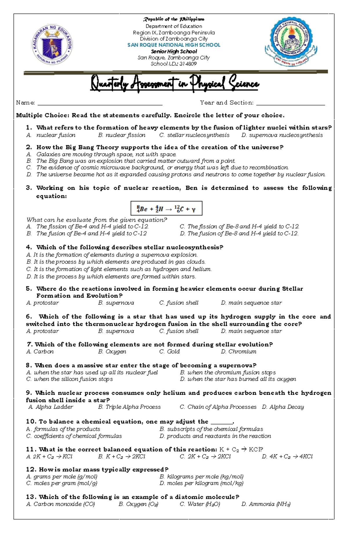 Physical Science EXAM - Republic of the Philippines Department of ...