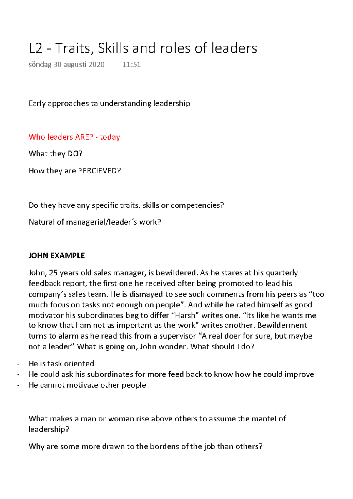 L2 - Traits, Skills and roles of leaders - Early approaches ta ...