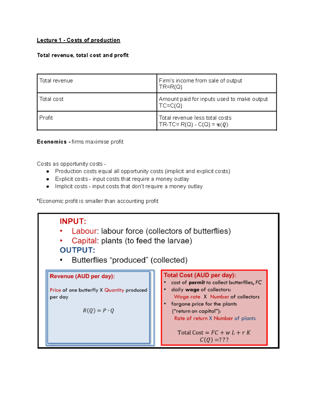 Economics study notes - Lecture 1 - Costs of production Total revenue ...