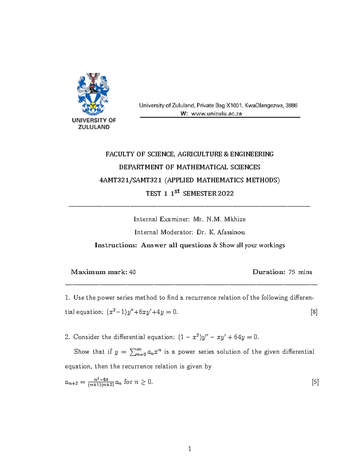 Test 1 - Test 1 - FACULTY OF SCIENCE, AGRICULTURE & ENGINEERING ...