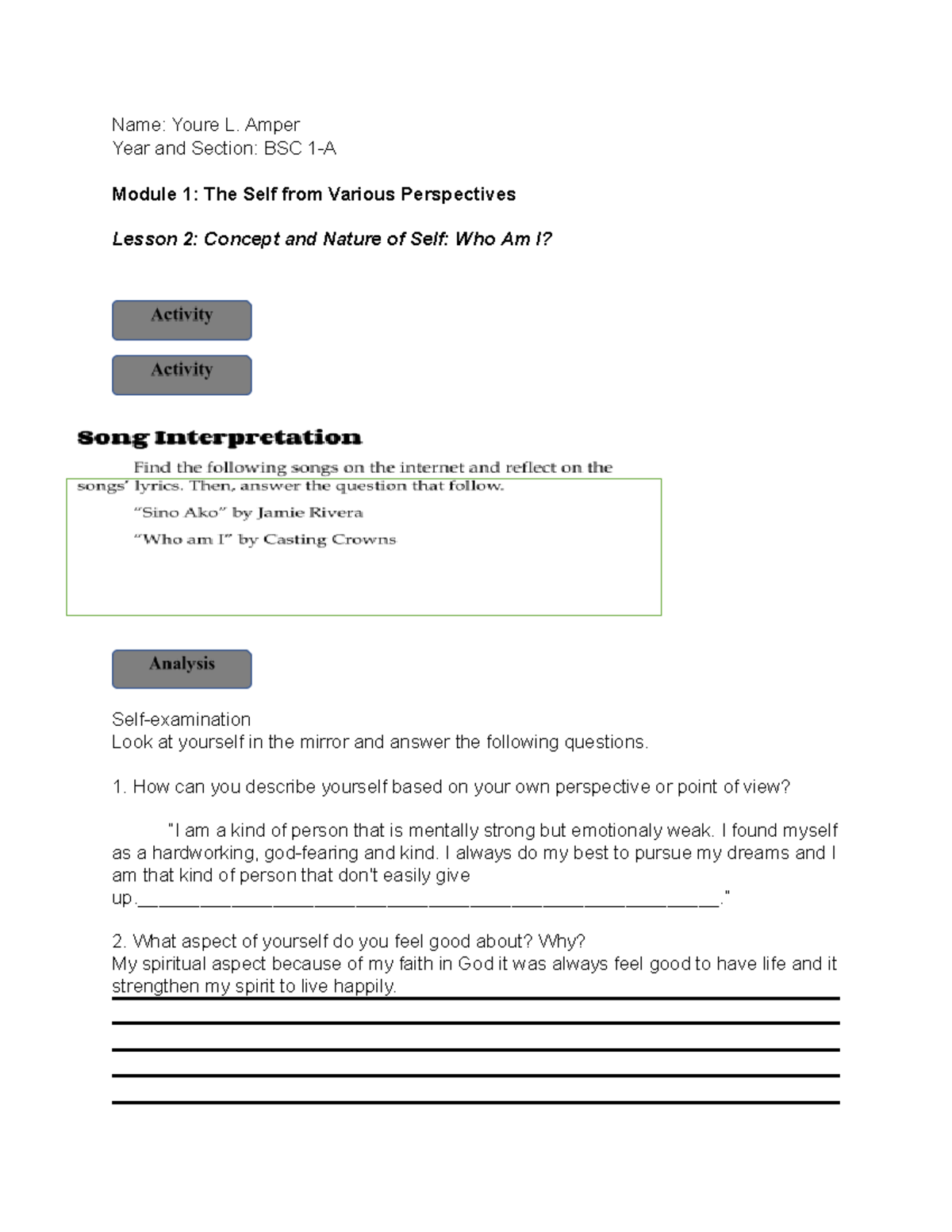 Module 1 Lesson 2 Activity - Name: Youre L. Amper Year and Section: BSC ...