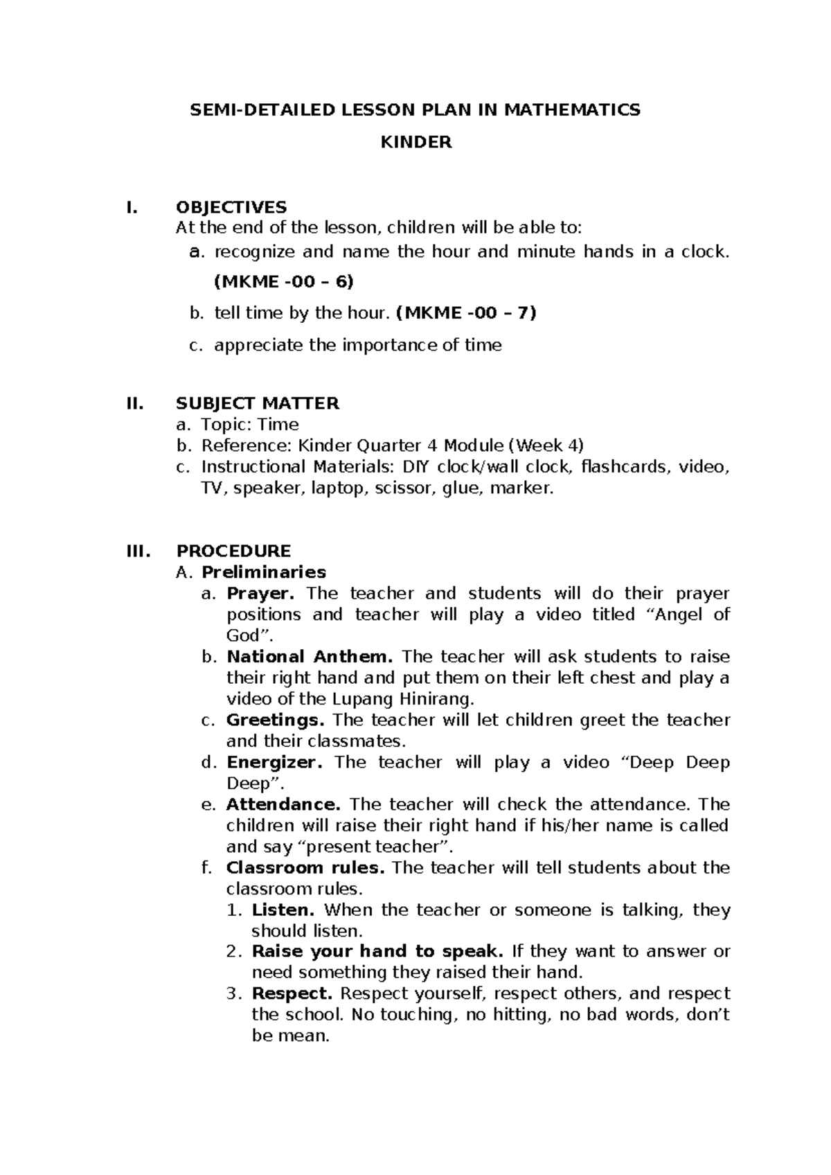 SEMI1 - SEMI-DETAILED LESSON PLAN IN MATHEMATICS KINDER I. OBJECTIVES ...