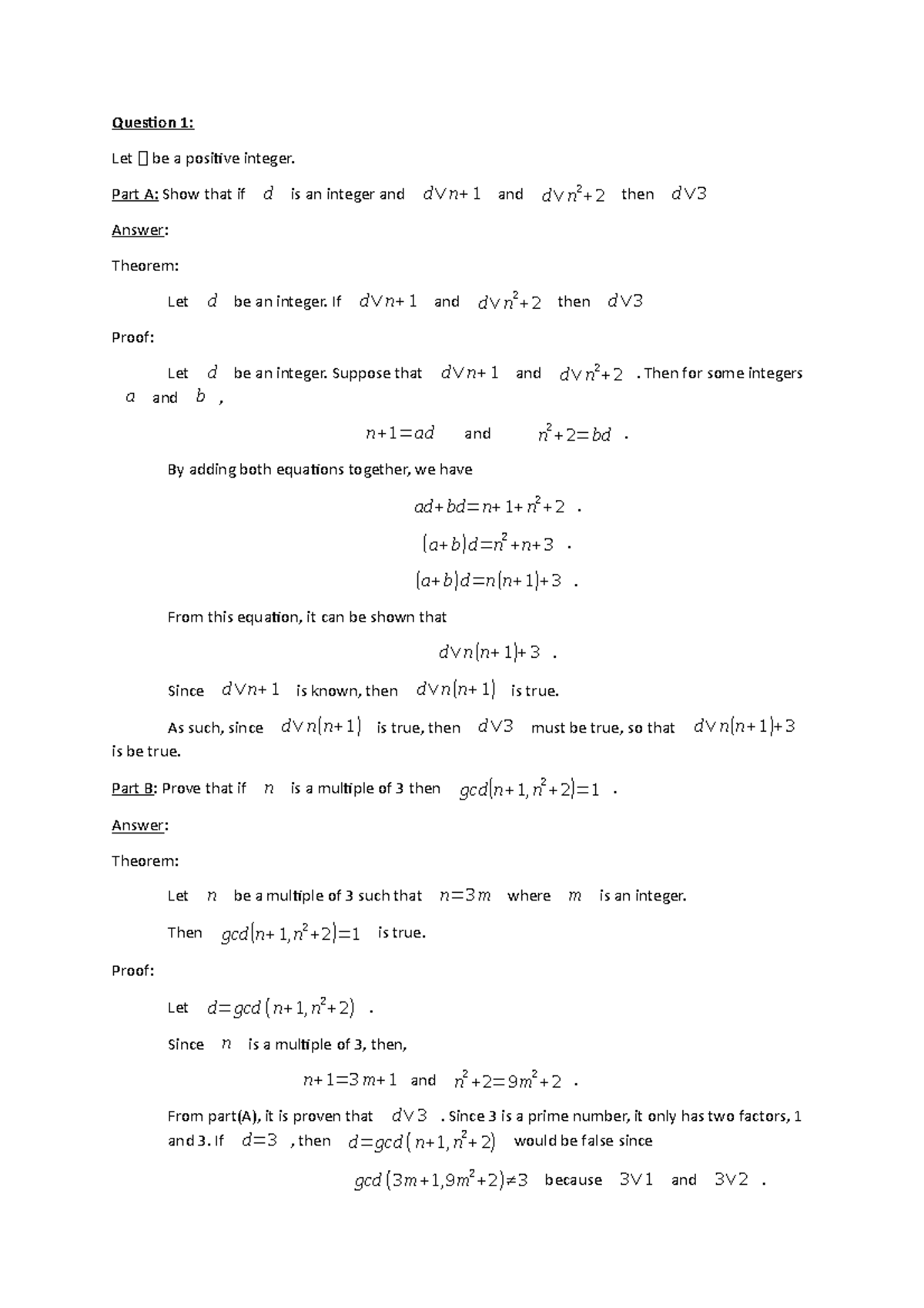 Discrete assignment - Question 1: Let 𝑛 be a positive integer. Part A ...