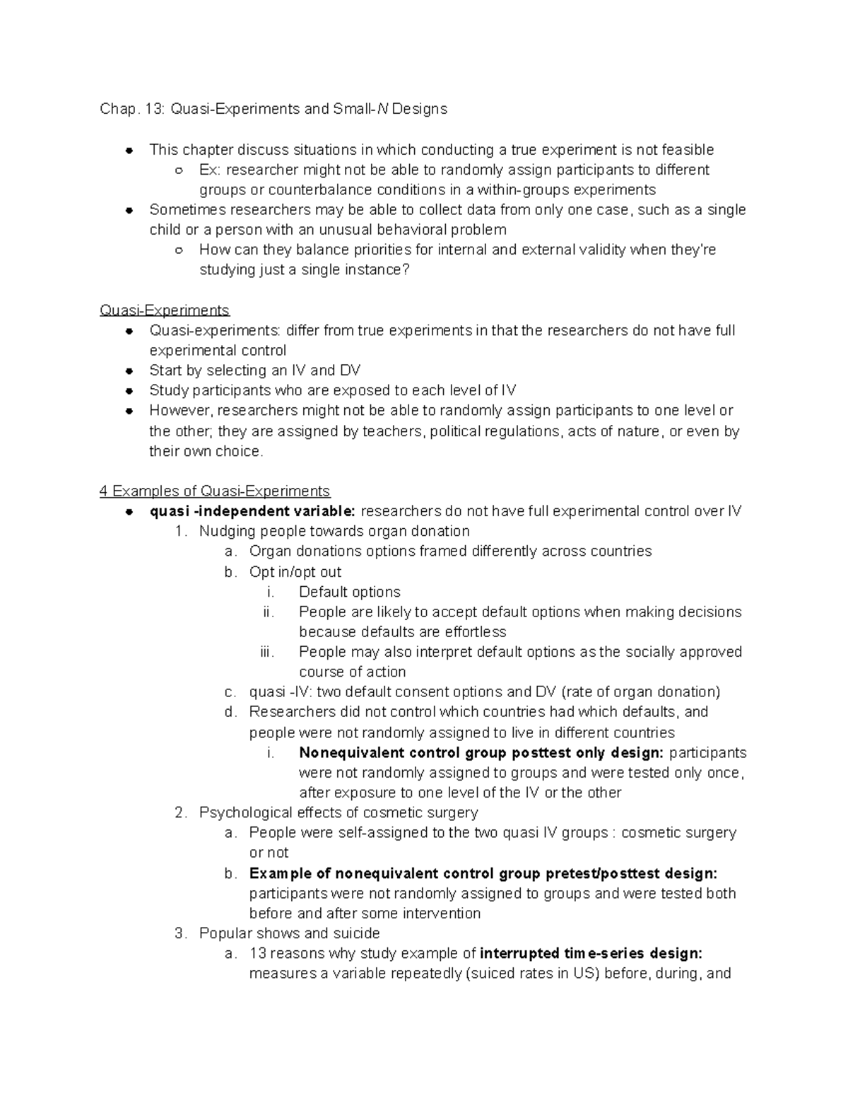 Chap. 13 Notes - Chap. 13: Quasi-Experiments and Small- N Designs This ...