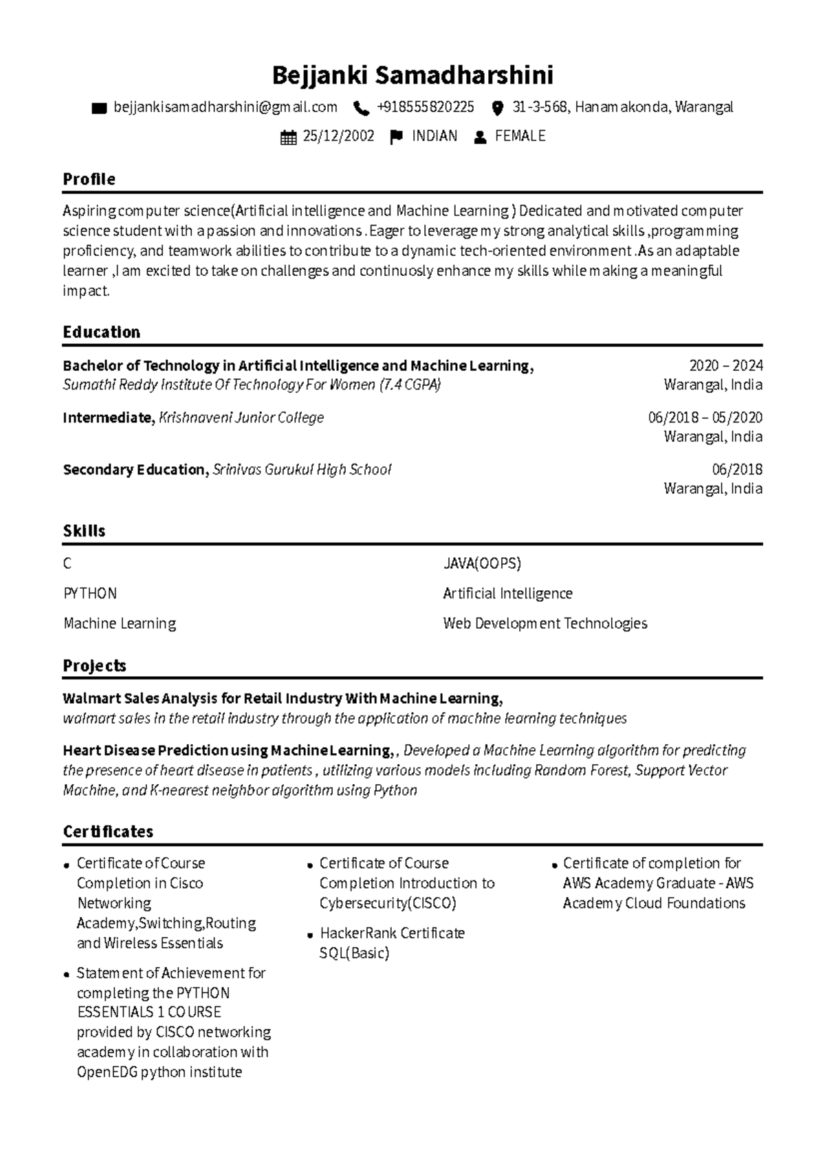 Sam Resume - Profile Aspiring computer science(Artificial intelligence ...