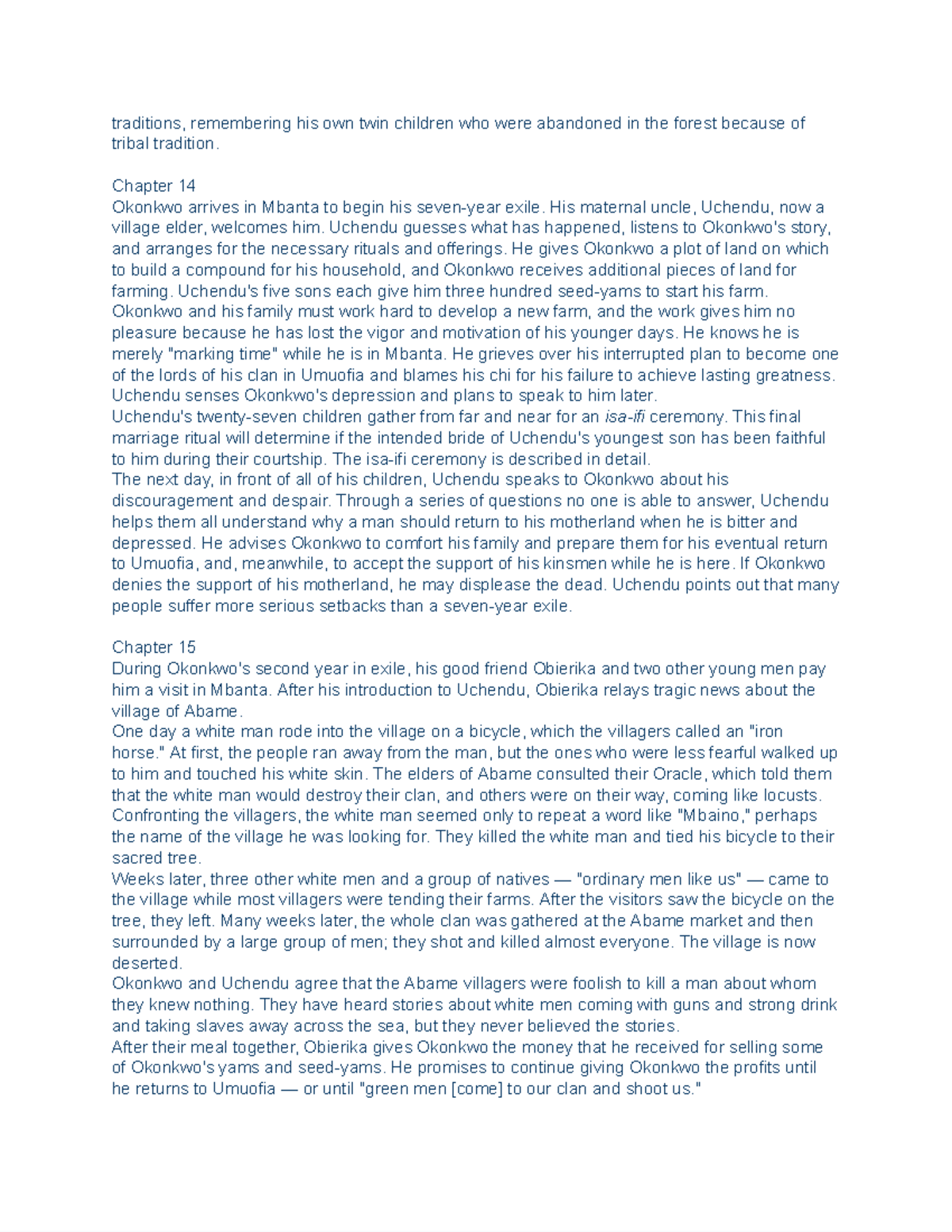 Things Fall Apart ch 14-15 - traditions, remembering his own twin ...