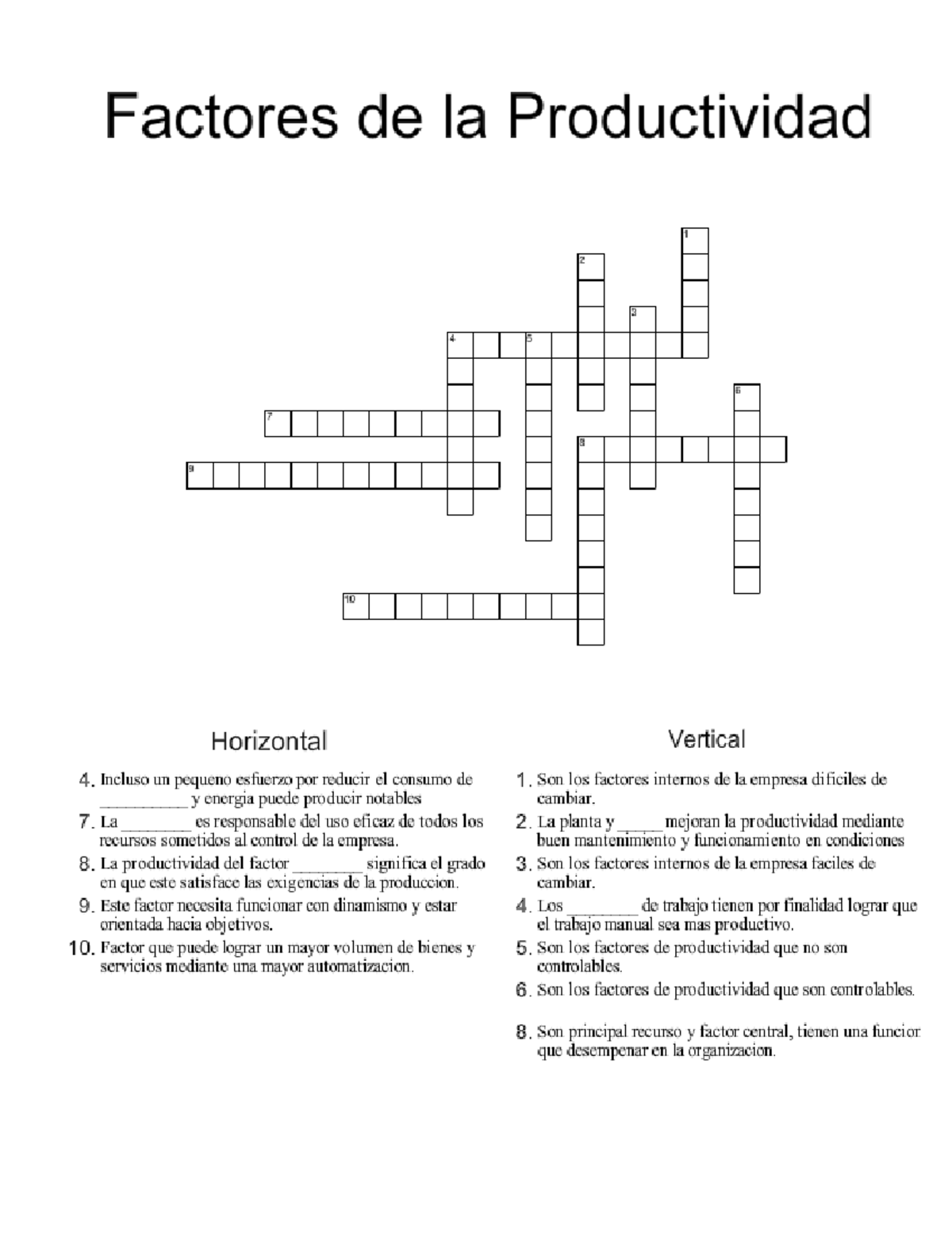 Crucigrama Factores de influyen en la productividad - Factores de la Productividad 1 2 3 4 5 5 7 ...