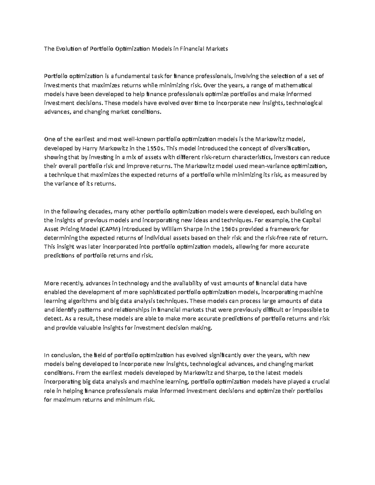 The Evolution of Portfolio Optimization Models in Financial Markets ...