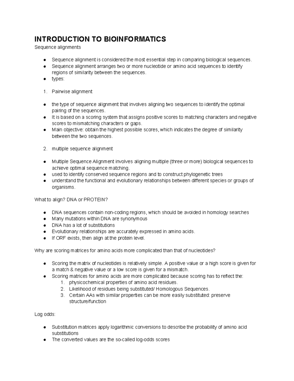 Bioinformatics Notes Introduction To Bioinformatics Sequence Alignments Sequence Alignment Is