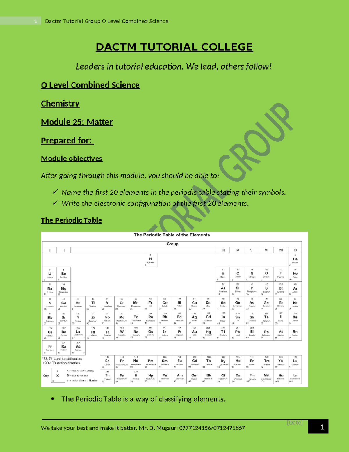Module 25 Combined Science - 1 Dactm Tutorial Group O Level Combined Science 1 [Date] DACTM ...