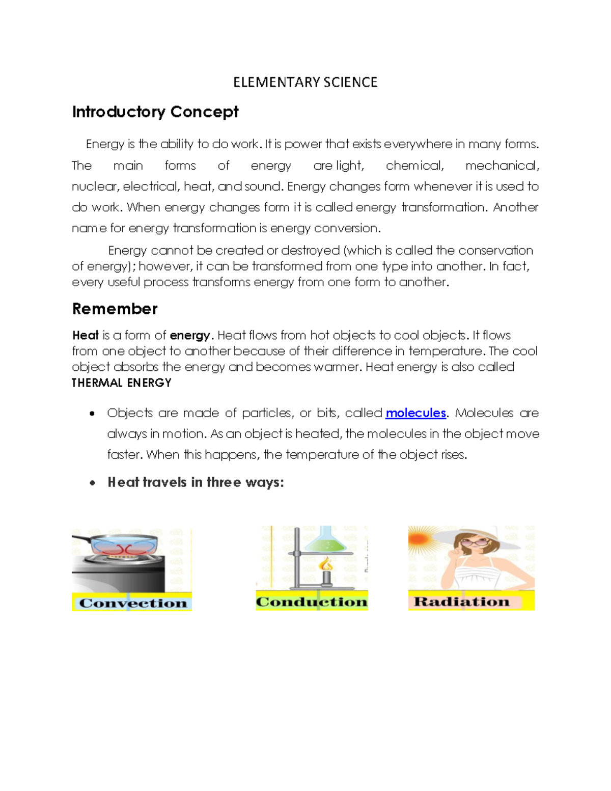 Elementary Science - ELEMENTARY SCIENCE Introductory Concept Energy is ...