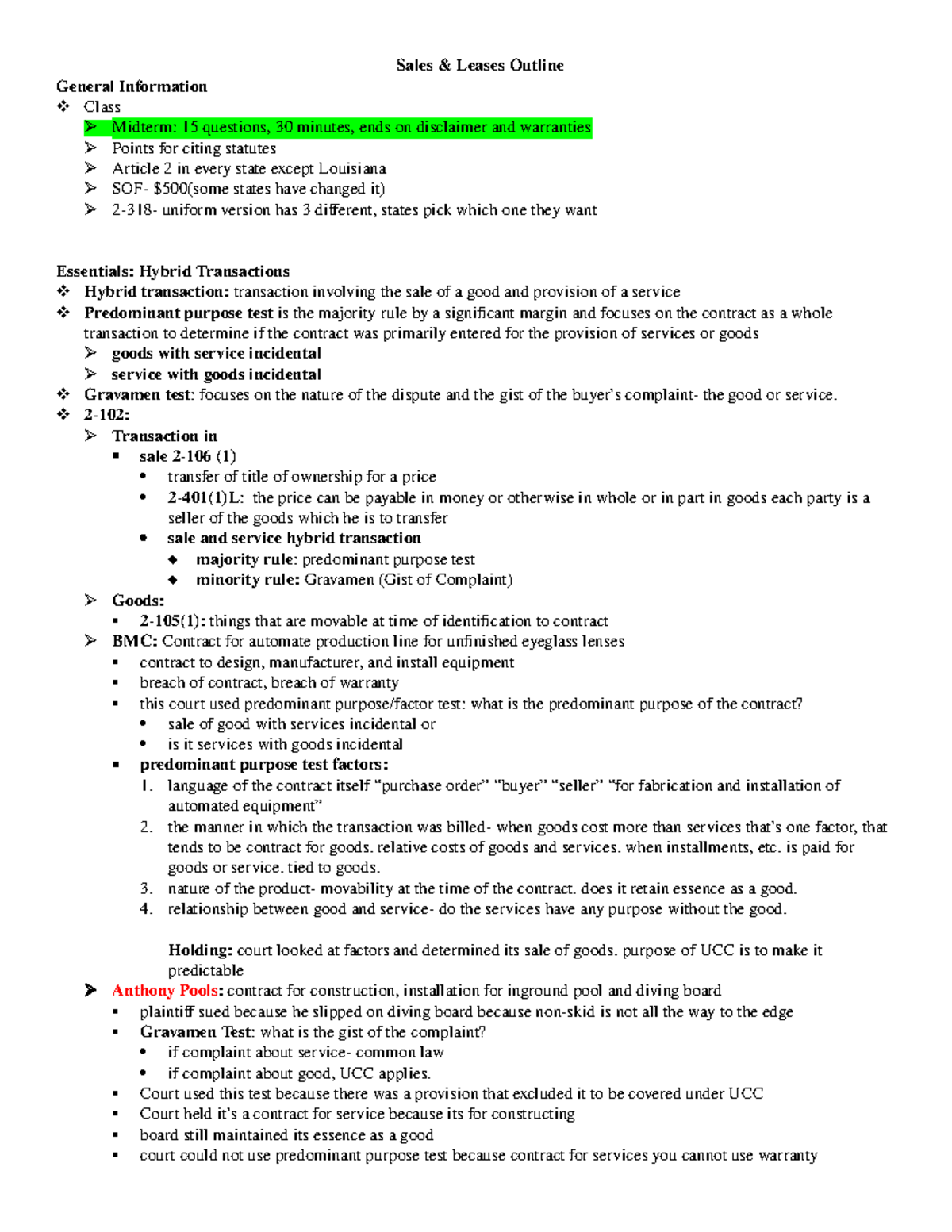 Sales & Leases Outline - CL508 - Widener - Studocu