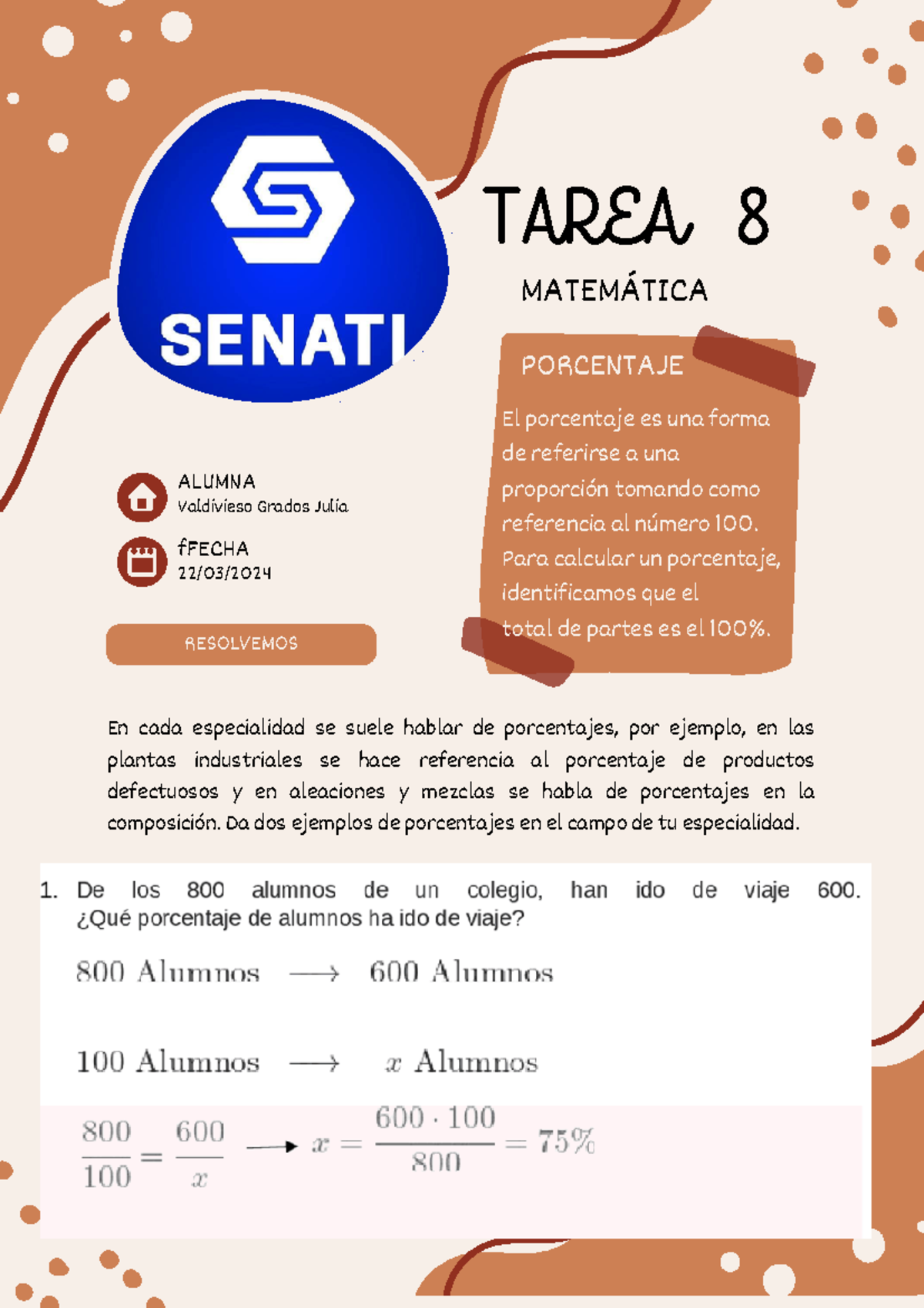 Tarea 09 - RESOLVEMOS TAREA 8 MATEMÁTICA En cada especialidad se suele hablar de porcentajes ...