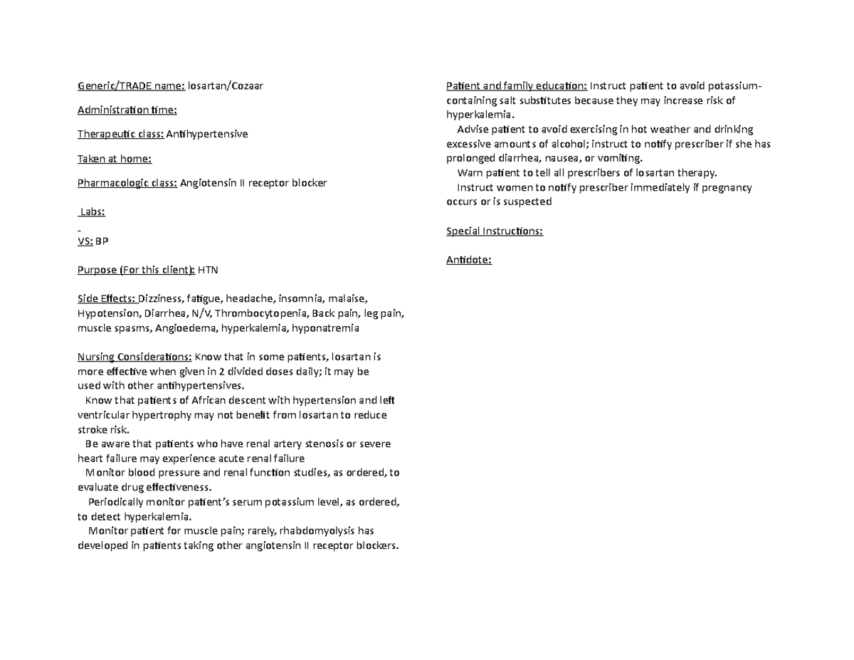 Losartan - Document for studying - Generic/TRADE name: losartan/Cozaar ...