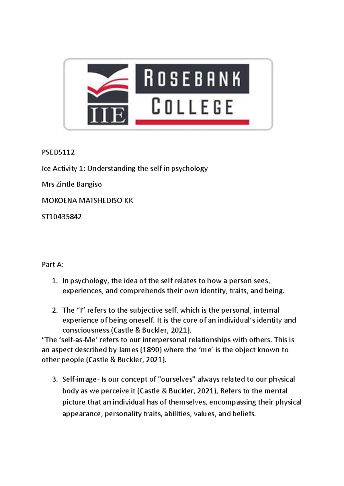 Ice task 1 PSED - Ice task - PSED Ice Activity 1: Understanding the self in psychology Mrs ...