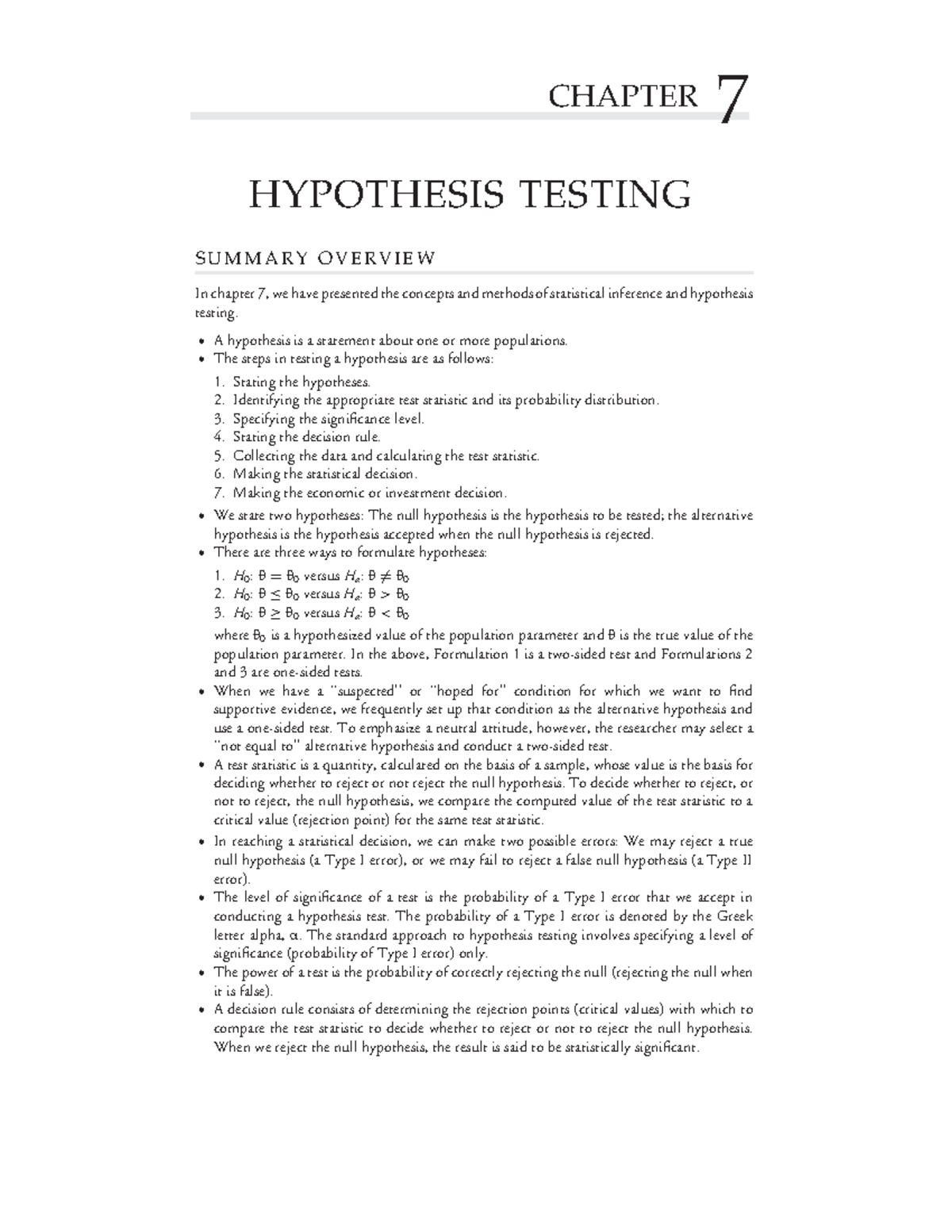 Ch.7 Summary - CHAPTER 7 HYPOTHESIS TESTING SUMMARY OVERVIEW In chapter ...
