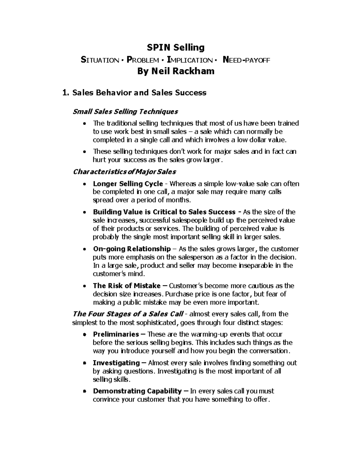 Spin Selling by Neil Rackham - SITUATION PROBLEM IMPLICATION NEED ...