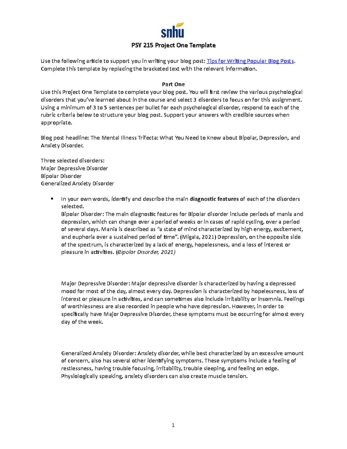 PSY 215 Project One Template - PSY 215 Project One Template Use the ...