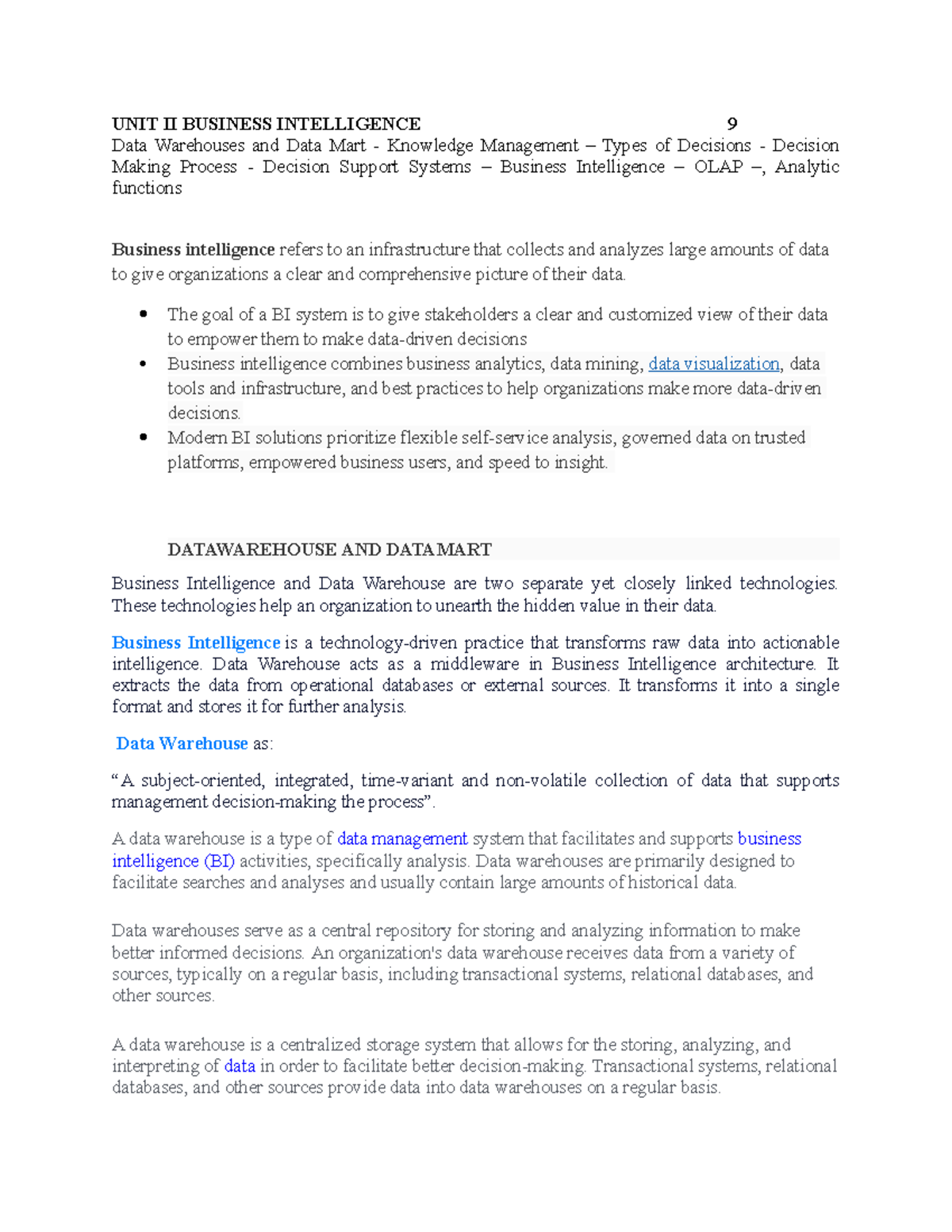 UNIT II Business Intelligence new - UNIT II BUSINESS INTELLIGENCE 9 ...