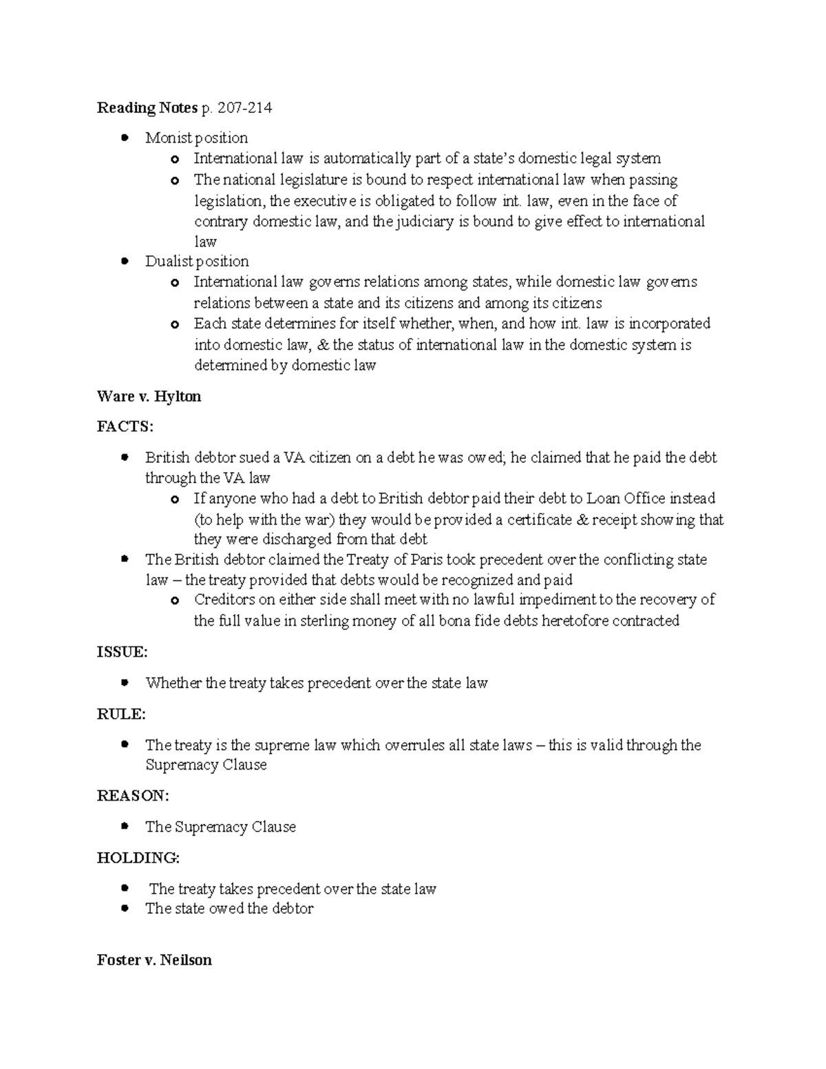 Self Executing Treaties - Reading Notes p. 207- Monist position o ...