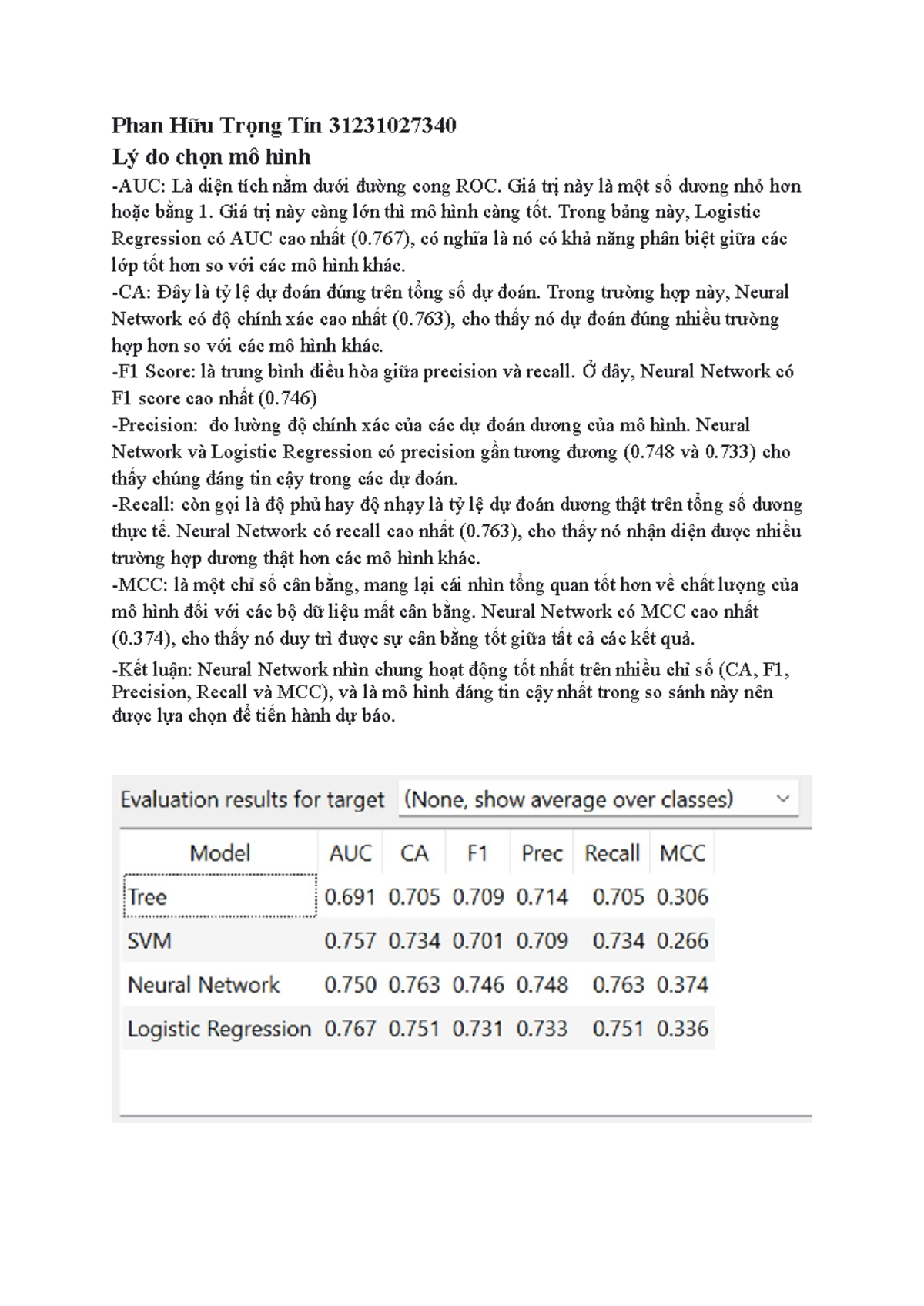 31231027340 - adadadada - Phan Hữu Trọng Tín 31231027340 Lý do chọn mô hình -AUC: Là diện tích ...