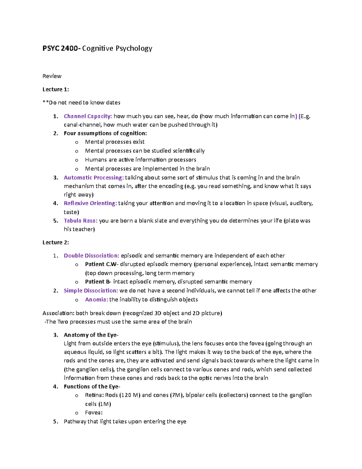 PSYC2700- In Class Review - PSYC 2400- Cognitive Psychology Review ...