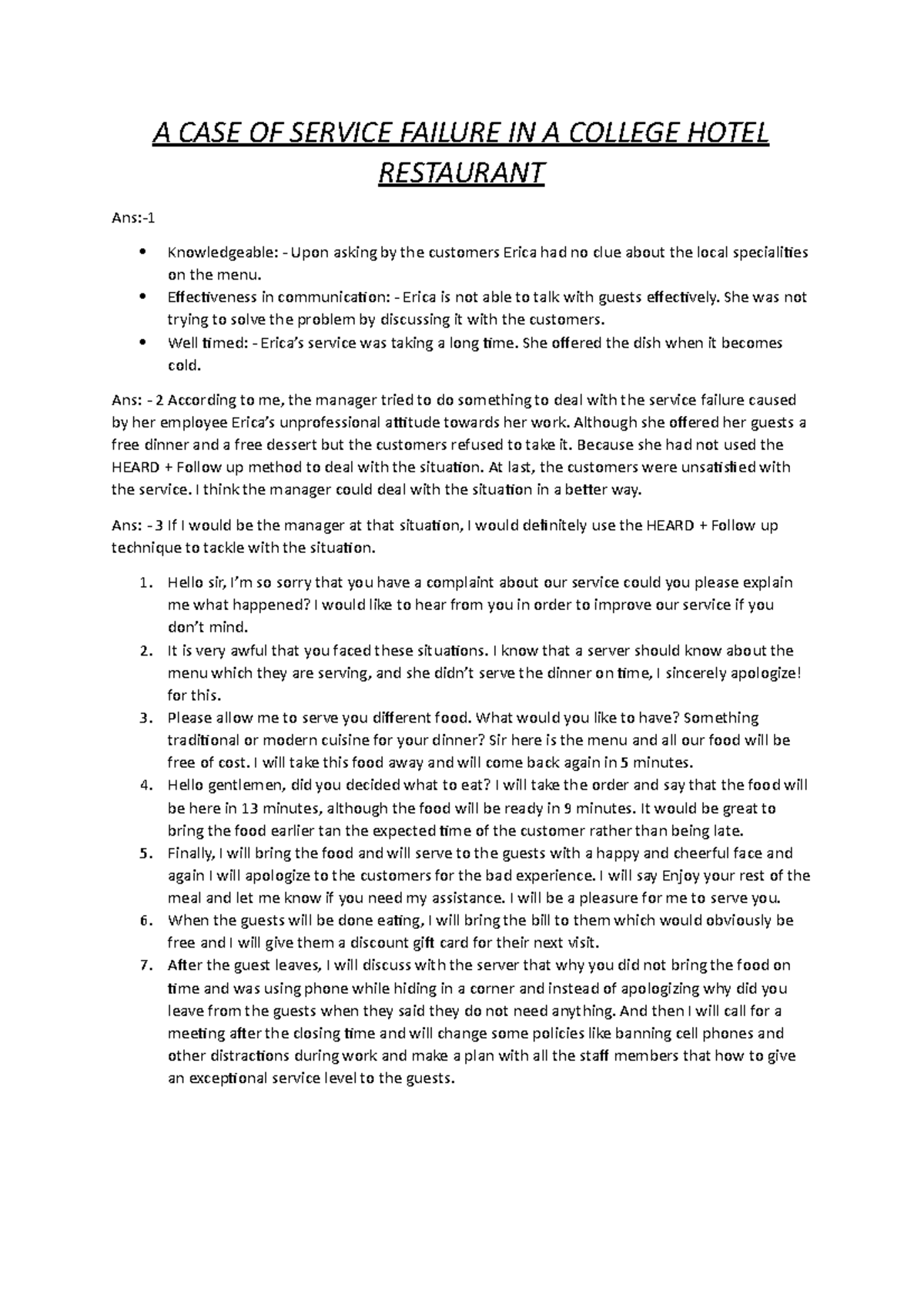 A CASE OF Service Failure IN A College Hotel Restaurant - A CASE OF ...