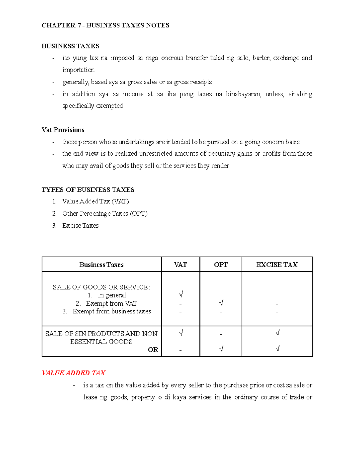 Chapter 7 - Business Taxes Notes - BUSINESS TAXES ito yung tax na ...