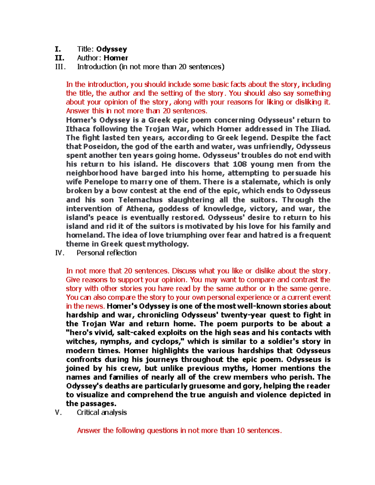 Odyssey - World Literature Activities we do in our class. It is an ...
